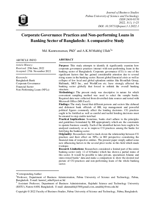 (PDF) Corporate Governance Practices and Non-performing Loans in Banking Sector of Bangladesh: A ...