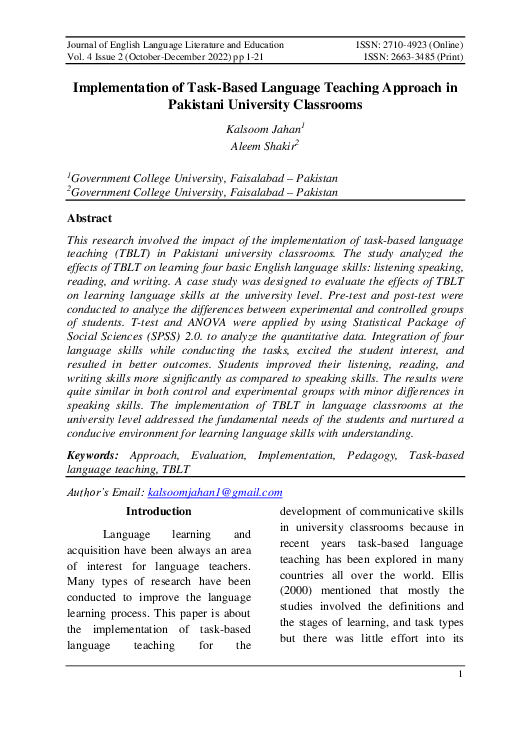 (PDF) Implementation of Task-Based Language Teaching Approach in Pakistani University Classrooms