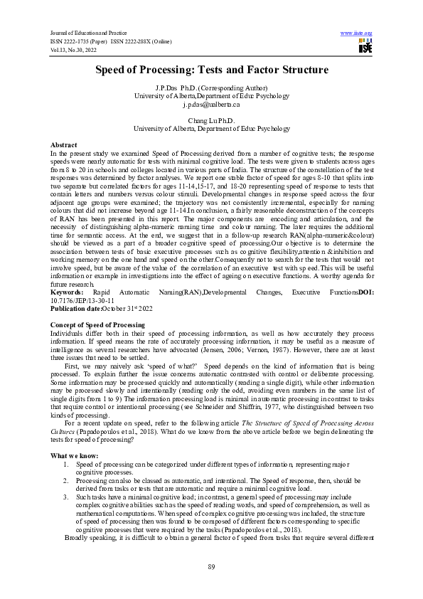 (PDF) Speed of Processing: Tests and Factor Structure