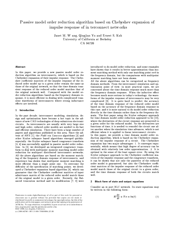 Pdf Passive Model Order Reduction Algorithm Based On Chebyshev Expansion Of Impulse Response