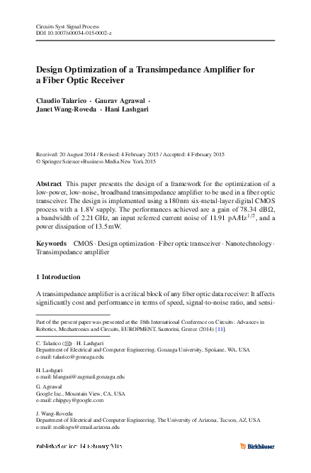 (PDF) Design Optimization of a Transimpedance Amplifier for a Fiber Optic Receiver