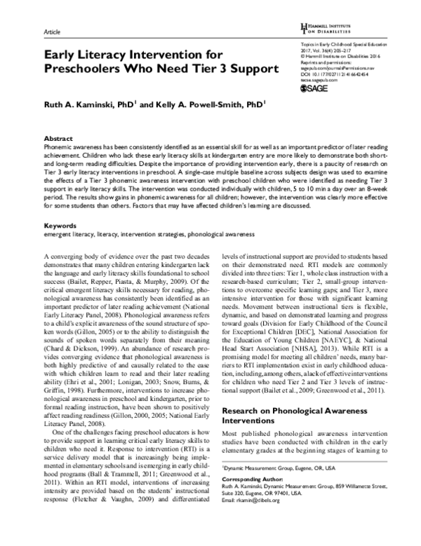 (PDF) Early Literacy Intervention for Preschoolers Who Need Tier 3 Support