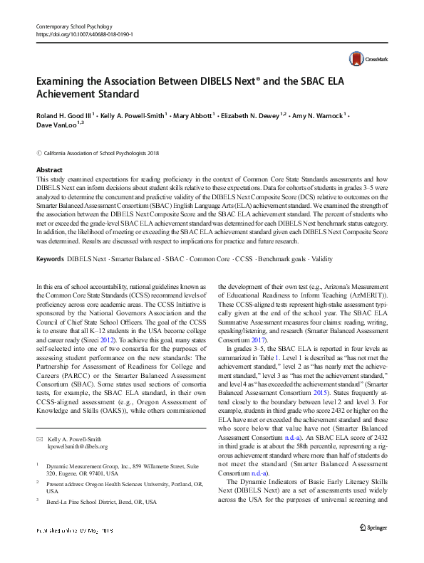 (PDF) Examining the Association Between DIBELS Next® and the SBAC ELA ...