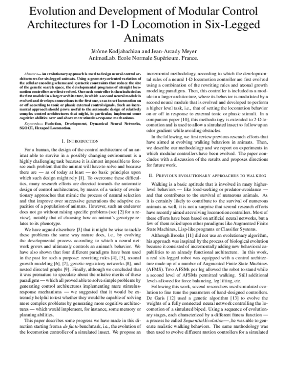 (PDF) Evolution and Development of Modular Control Architectures for 1D Locomotion in Six-legged ...