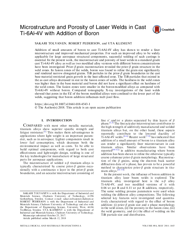 (PDF) Microstructure and Porosity of Laser Welds in Cast Ti-6Al-4V with Addition of Boron