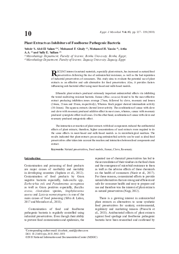 Pdf Plant Extracts As Natural Preservatives Against Foodborne Pathogenic Bacteria Soheir Abd