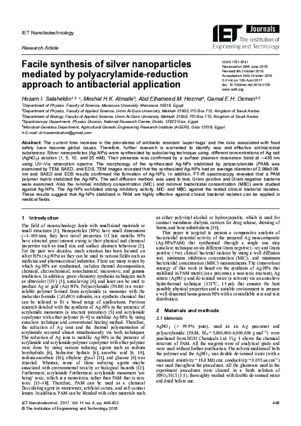 (PDF) Facile synthesis of silver nanoparticles mediated by polyacrylamide‐reduction approach to ...