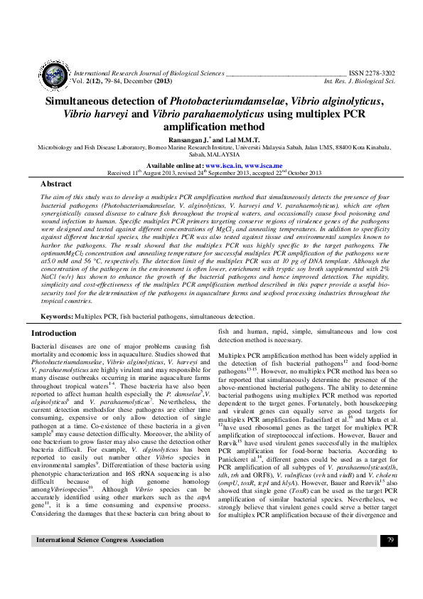 (PDF) Simultaneous detection of Photobacterium damselae, Vibrio alginolyticus, Vibrio harveyi ...