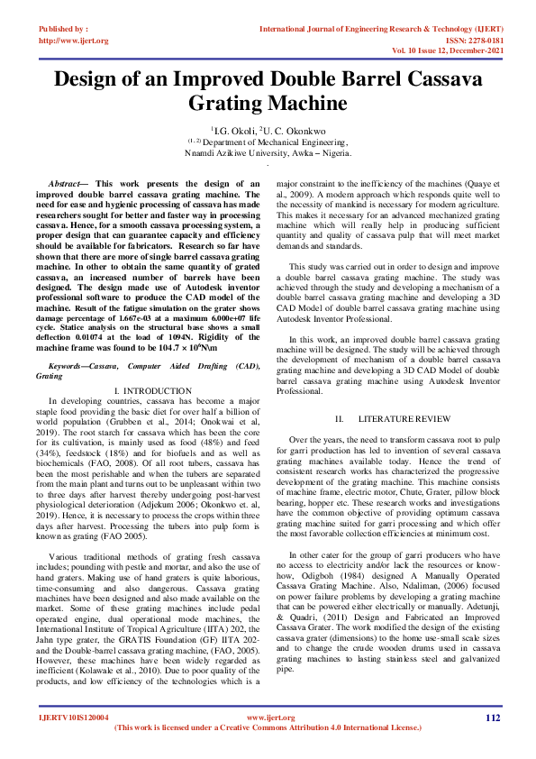 (PDF) Design of an Improved Double Barrel Cassava Grating Machine