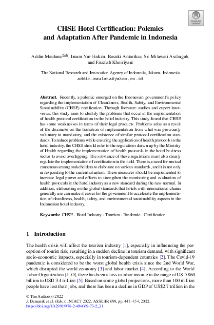 (PDF) CHSE Hotel Certification: Polemics and Adaptation After Pandemic in Indonesia