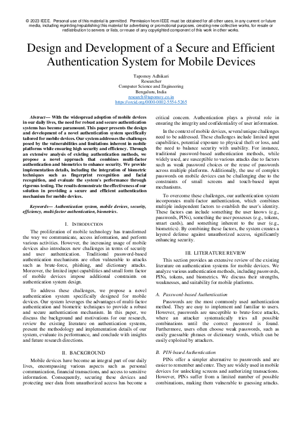 (PDF) Design and Development of a Secure and Efficient Authentication System for Mobile Devices