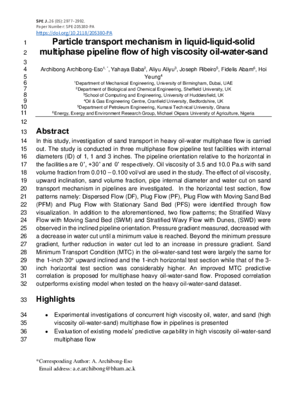 (PDF) Particle-Transport Mechanism in Liquid/Liquid/Solid Multiphase Pipeline Flow of High ...