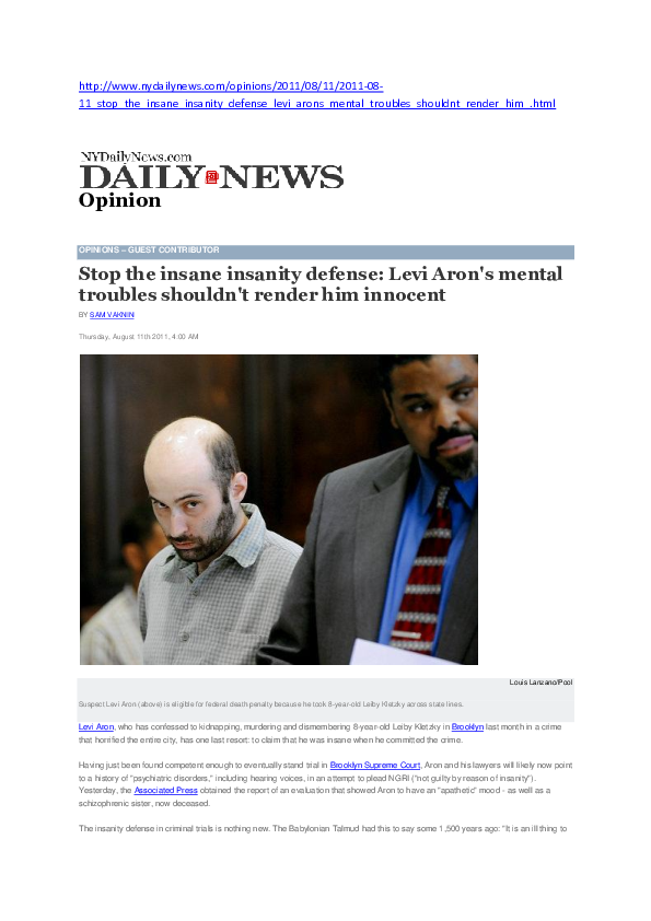 (PDF) Stop the insane insanity defense: Levi Aron's mental troubles shouldn't render him innocent