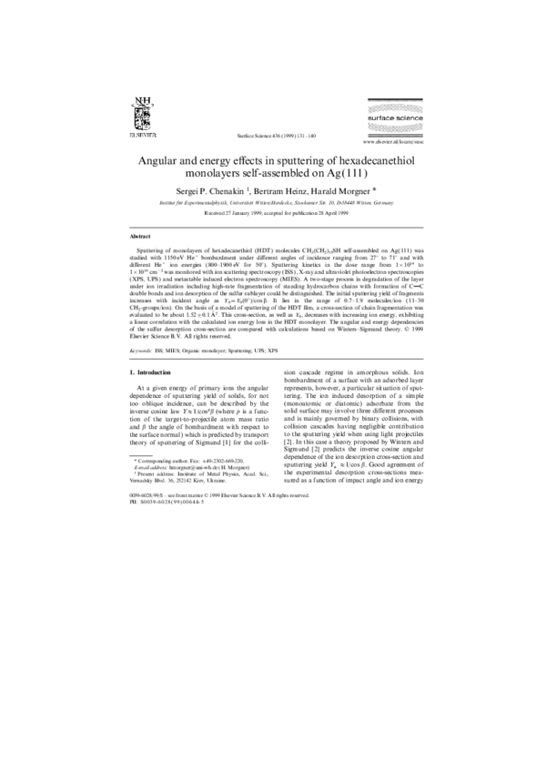 (PDF) Angular and energy effects in sputtering of hexadecanethiol monolayers self-assembled on ...