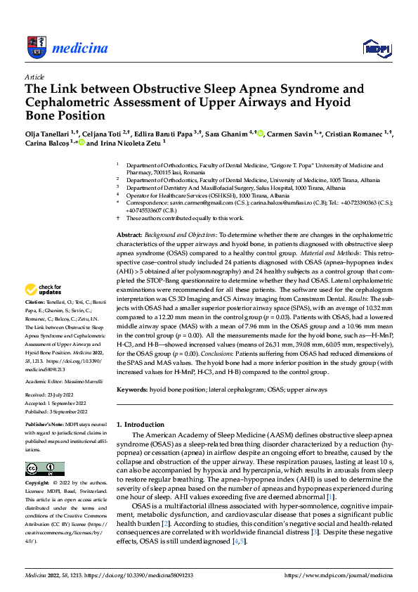 (PDF) The Link between Obstructive Sleep Apnea Syndrome and Cephalometric Assessment of Upper ...