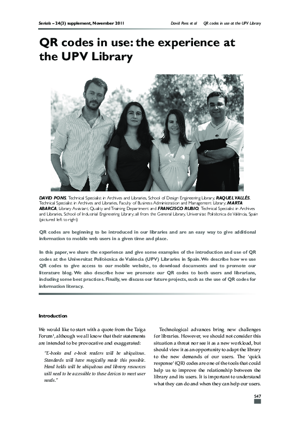 (PDF) QR codes in use: the experience at the UPV Library