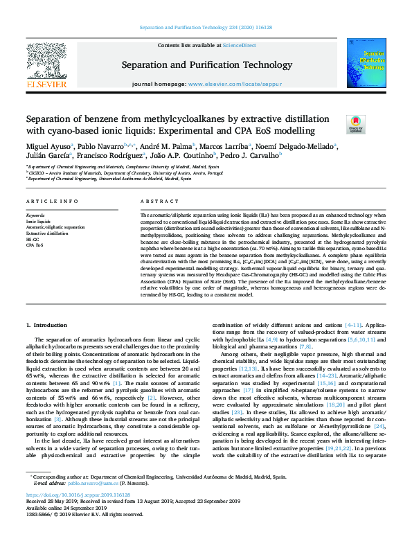 (PDF) Separation of benzene from methylcycloalkanes by extractive ...