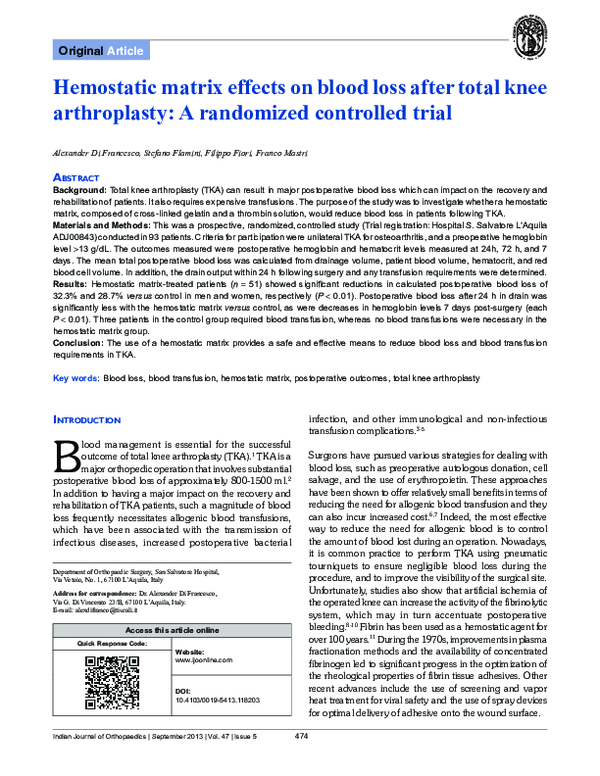 (PDF) Hemostatic matrix effects on blood loss after total knee ...