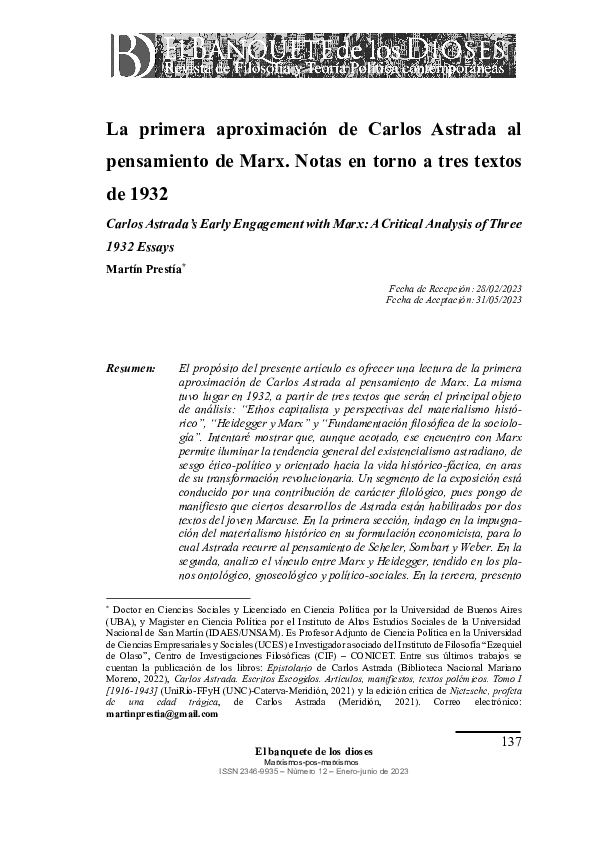 (PDF) La primera aproximación de Carlos Astrada al pensamiento de Marx ...