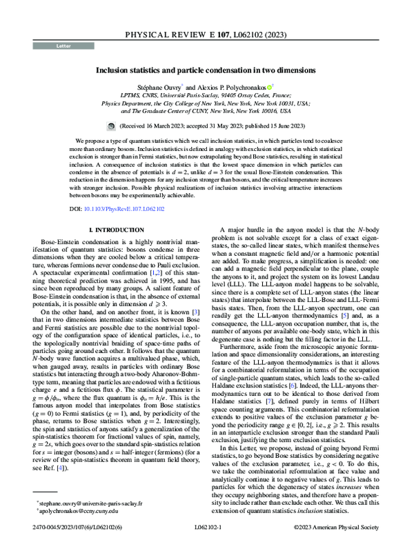 (PDF) Inclusion statistics and particle condensation in two dimensions