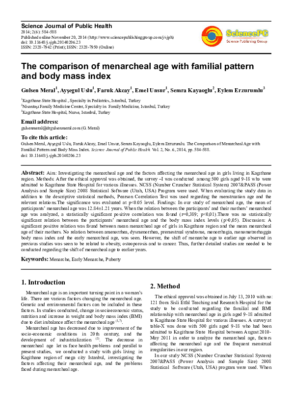 (PDF) The Comparison of Menarcheal Age with Familial Pattern and Body ...