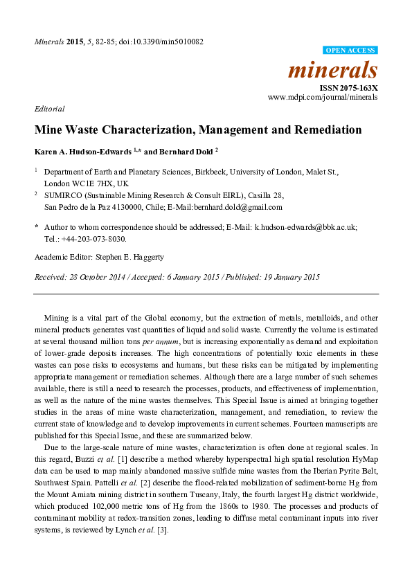 (PDF) Editorial Mine Waste Characterization, Management and Remediation