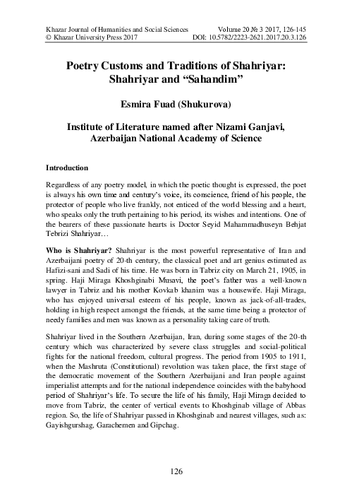(PDF) Poetry Customs and Traditions of Shahriyar: Shahriyar and “Sahandim”