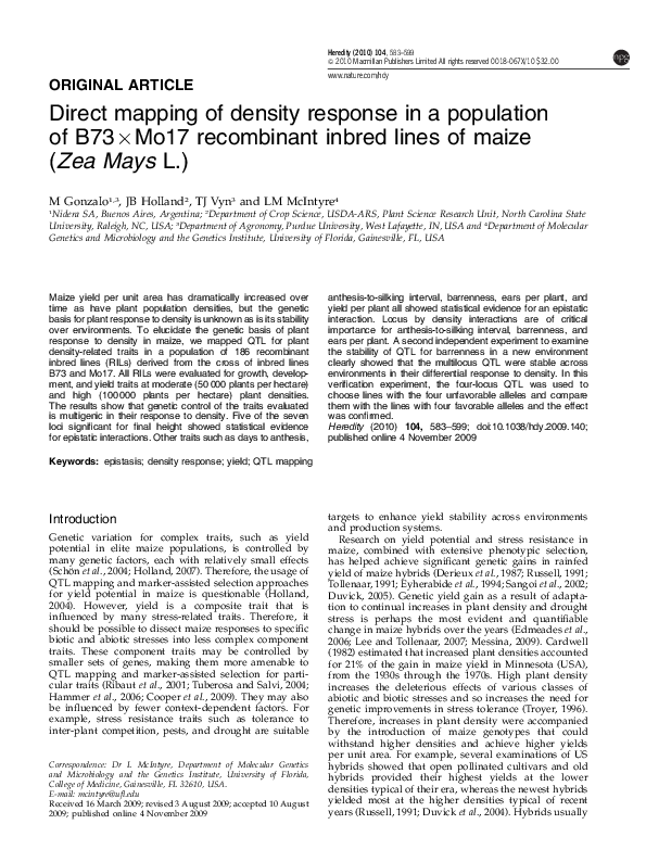 (PDF) Direct mapping of density response in a population of B73 × Mo17 ...
