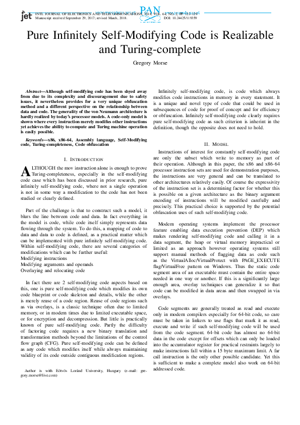 Pdf Pure Infinitely Self Modifying Code Is Realizable And Turing