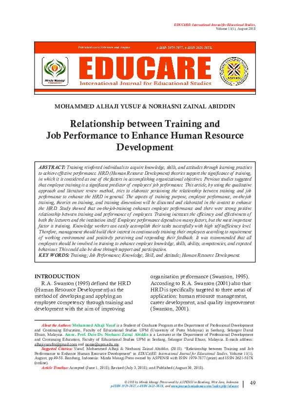 (PDF) Relationship between Training and Job Performance to Enhance Human Resource Development