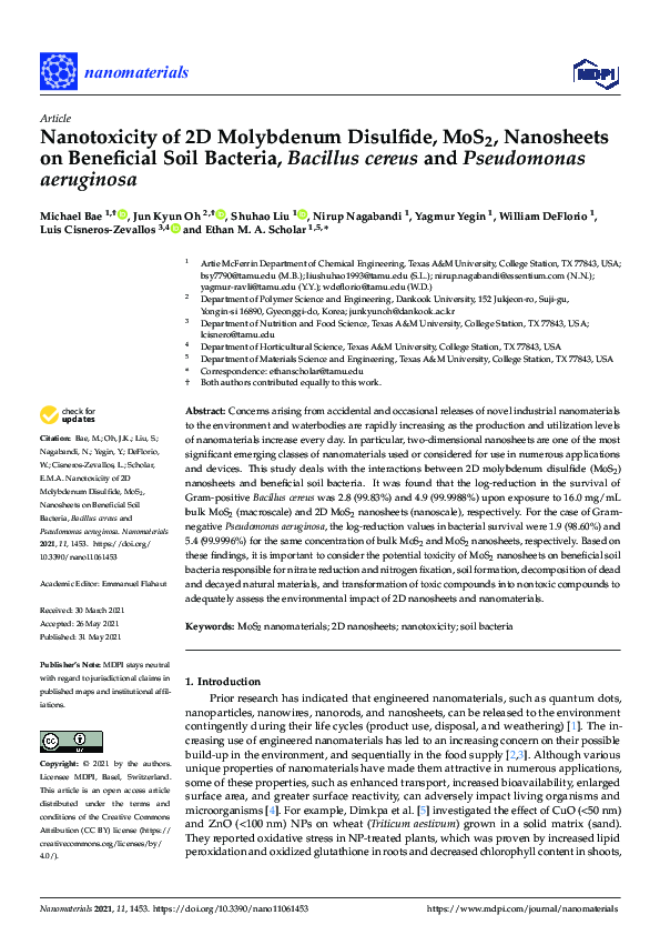 (PDF) Nanotoxicity of 2D Molybdenum Disulfide, MoS2, Nanosheets on Beneficial Soil Bacteria ...