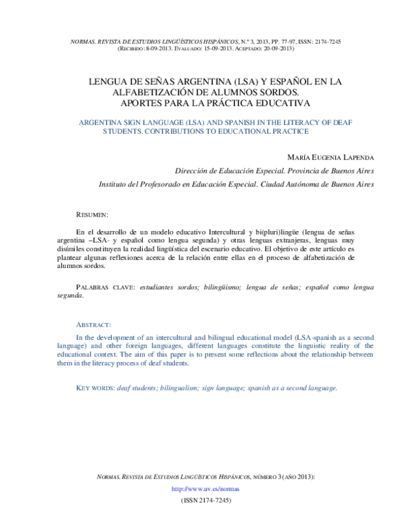 (PDF) LENGUA DE SEÑAS ARGENTINA (LSA) Y ESPAÑOL EN LA ALFABETIZACIÓN DE ...