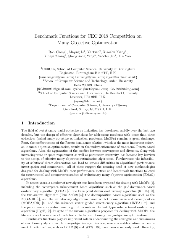 (PDF) Benchmark Functions for the CEC'2018 Competition on Dynamic Multiobjective Optimization