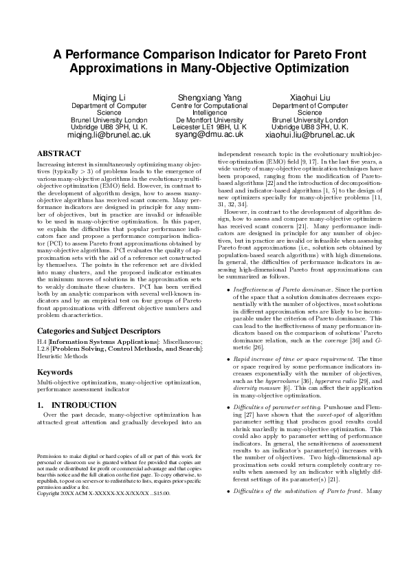 (PDF) A Performance Comparison Indicator for Pareto Front Approximations in Many-Objective ...