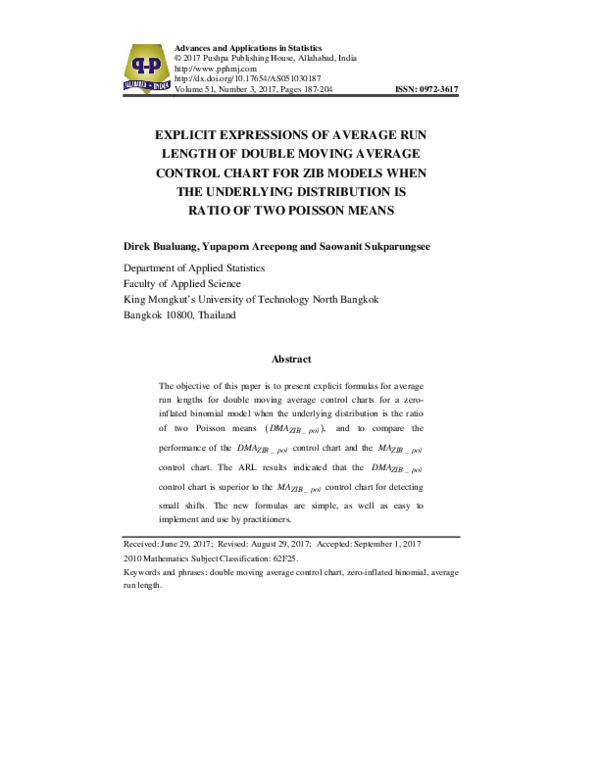 (PDF) Explicit Expressions of Average Run Length of Double Moving Average Control Chart for Zib ...