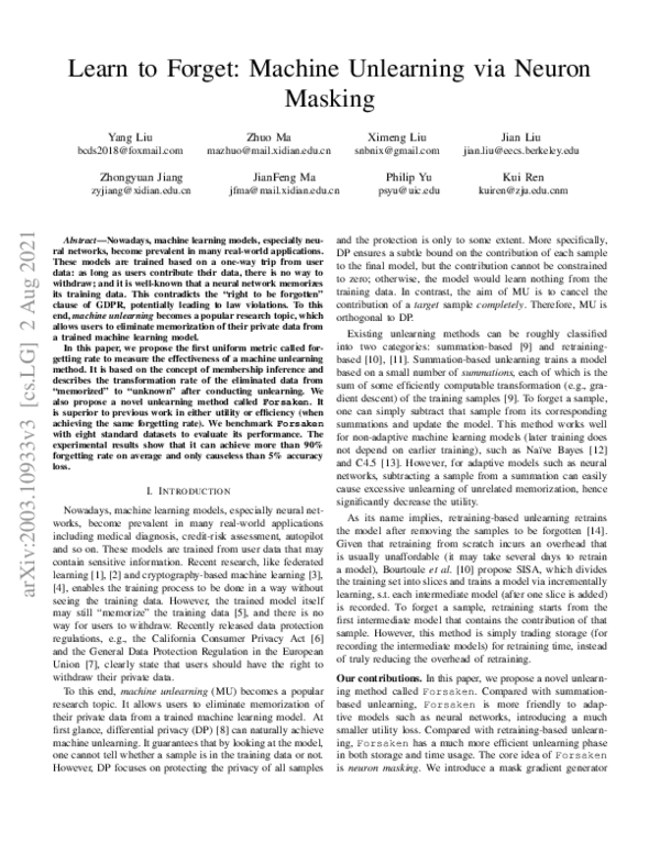 (PDF) Learn to Forget: Machine Unlearning Via Neuron Masking