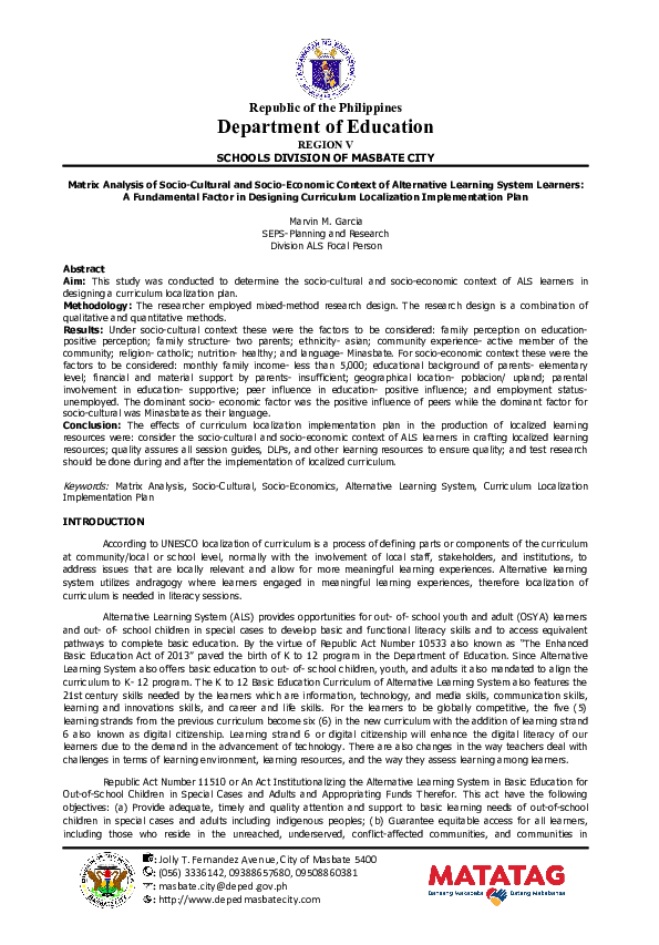 (DOC) Matrix Analysis of Socio-Cultural and Socio-Economic Context of ...