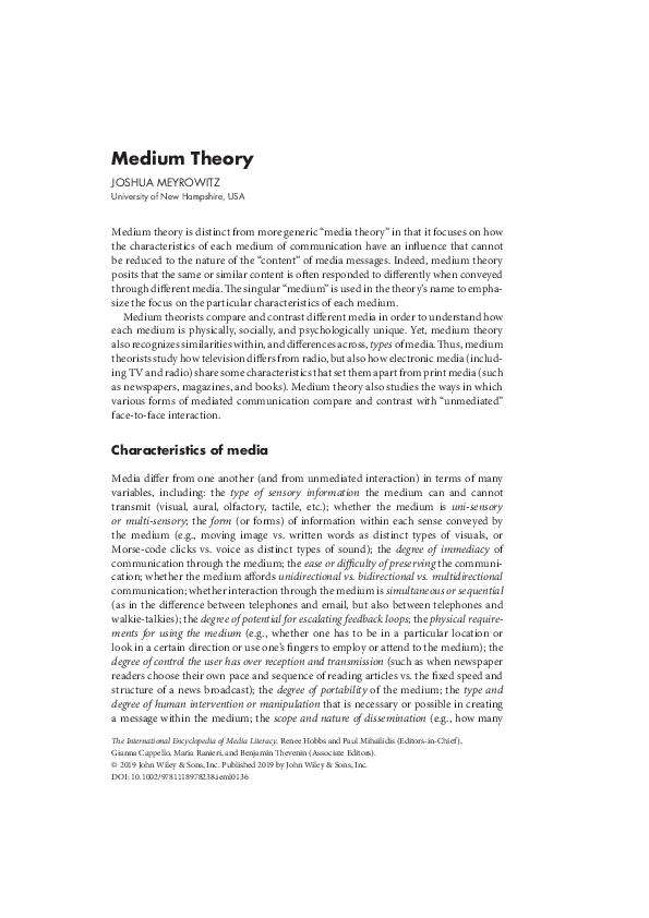 (PDF) "Medium Theory" (Intl. Encyc. of Media Literacy)