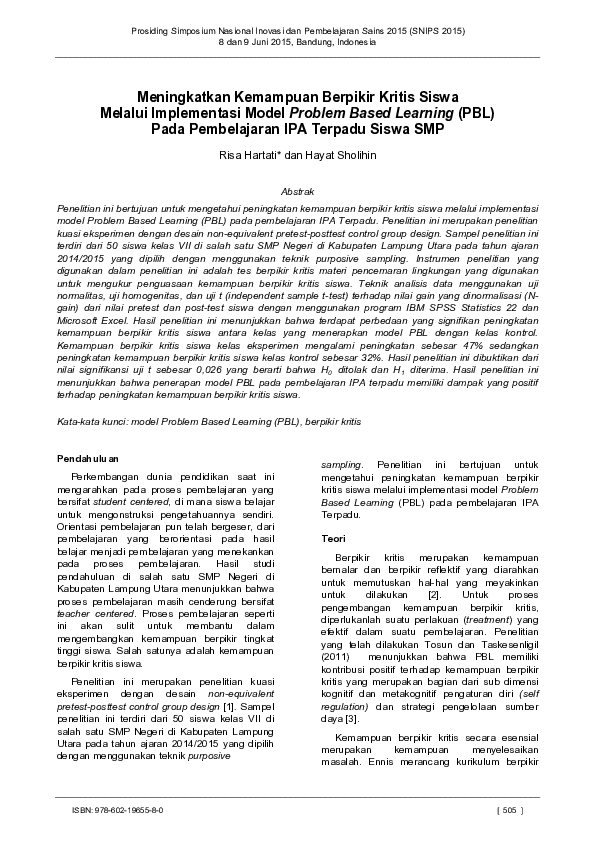 (PDF) Meningkatkan Kemampuan Berpikir Kritis Siswa Melalui Implementasi Model Problem Based ...