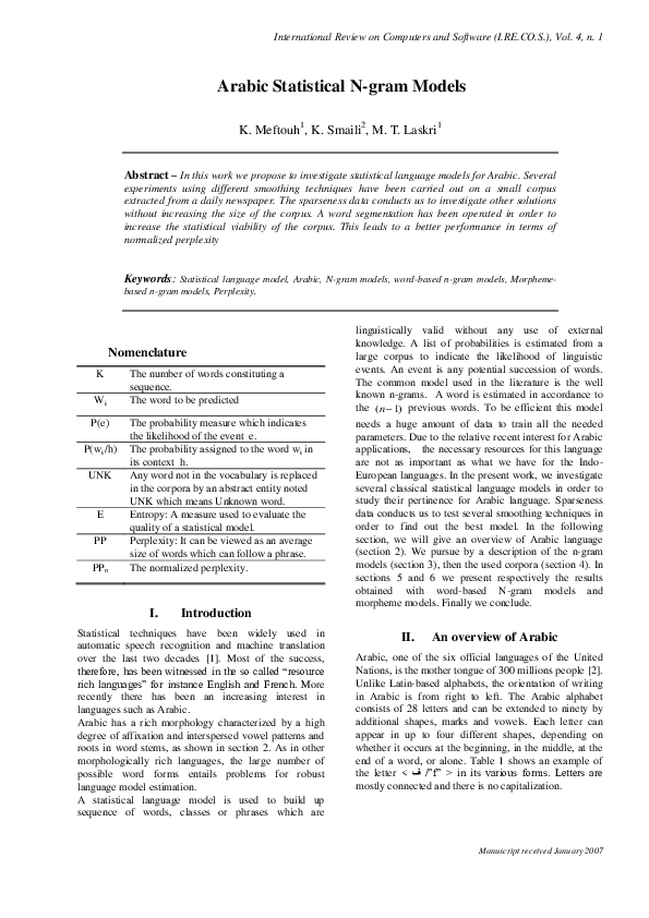 (PDF) Arabic Statistical N-Gram Models