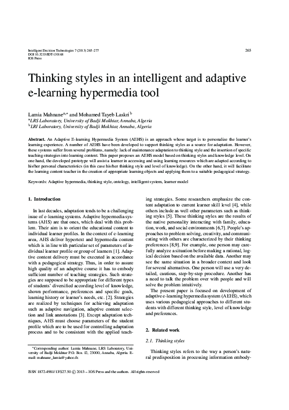 (PDF) Thinking styles in an intelligent and adaptive e-learning ...
