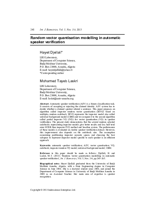 (PDF) Random vector quantisation modelling in automatic speaker verification
