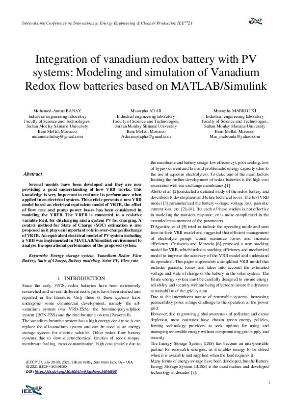 (PDF) Integration of vanadium redox battery with PV systems: Modeling and simulation of Vanadium ...