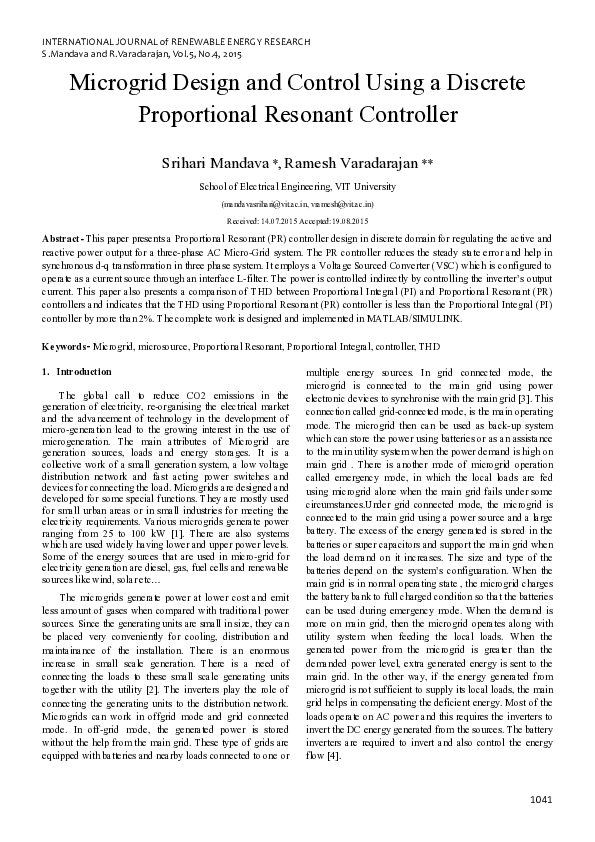 (PDF) Microgrid Design and Control Using a Discrete Proportional Resonant Controller | srihari ...