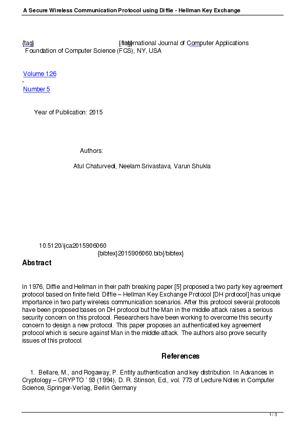 (PDF) A Secure Wireless Communication Protocol using Diffie - Hellman Key Exchange
