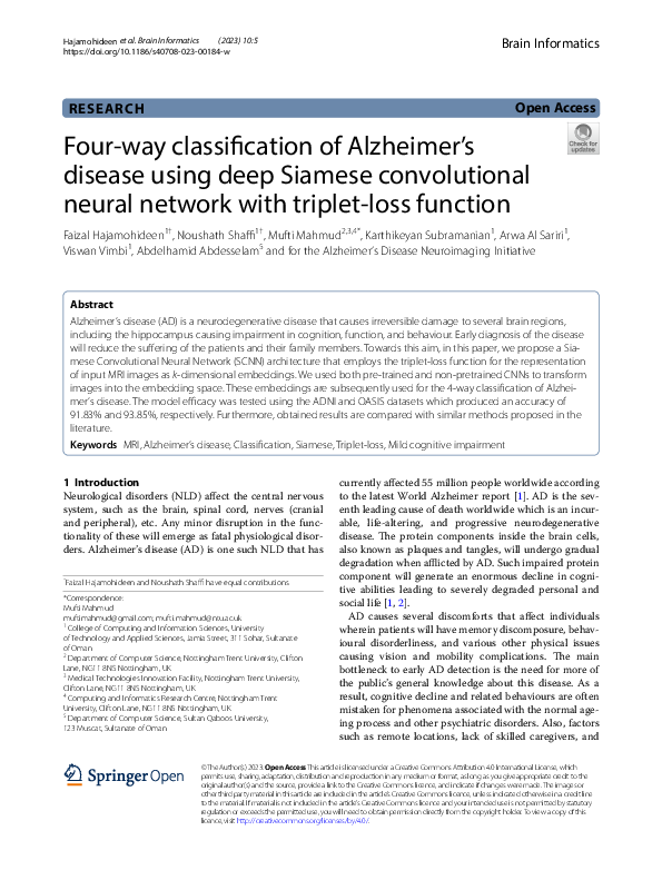 (PDF) Four-Way Classification of Alzheimer's Disease using Deep Siamese Convolutional Neural ...