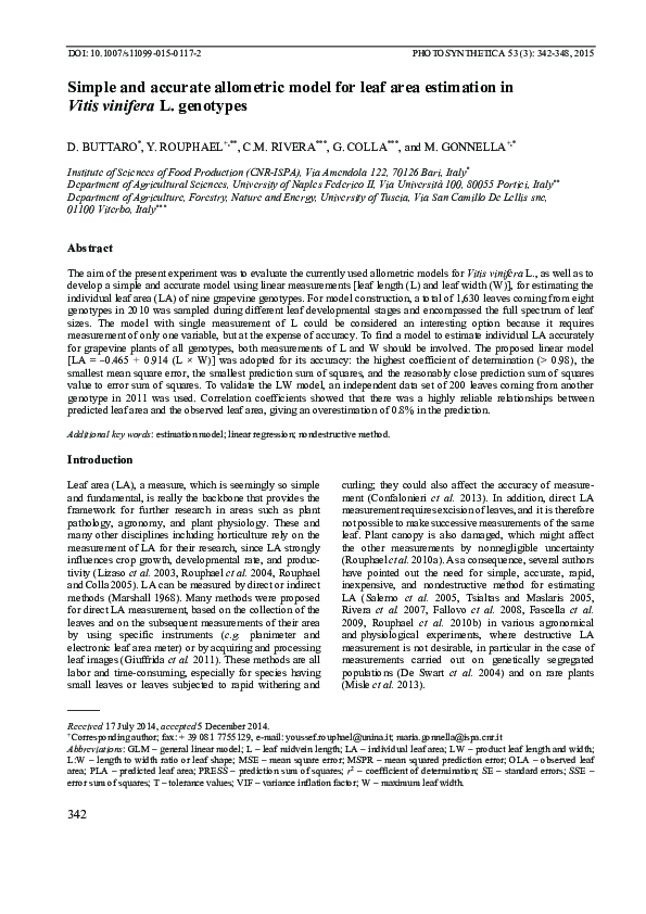 (PDF) Simple and accurate allometric model for leaf area estimation in Vitis vinifera L. genotypes