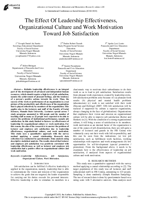 (PDF) The effect of leadership effectiveness, organizational culture and work motivation toward ...