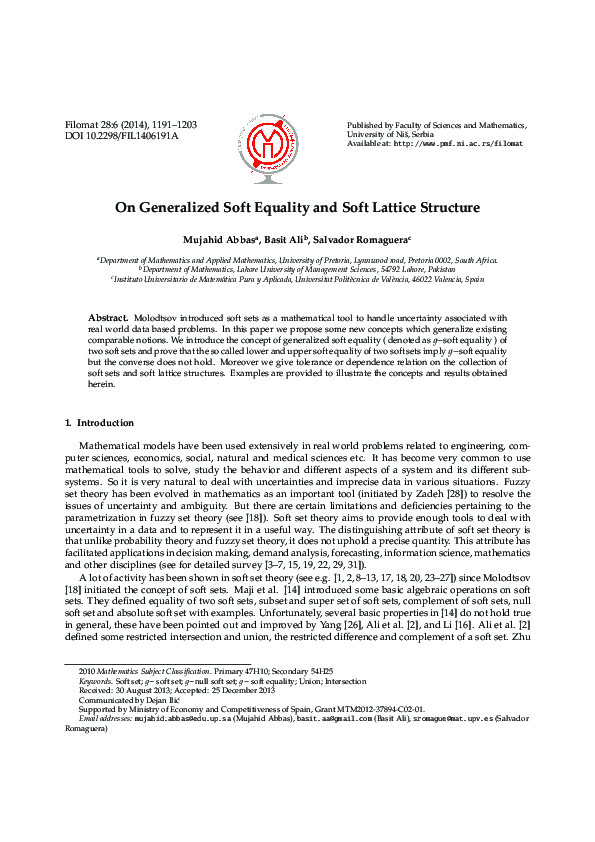 (PDF) On generalized soft equality and soft Lattice structure | Basit Ali - Academia.edu