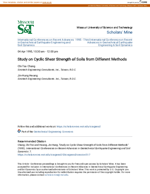 (PDF) Study on Cyclic Shear Strength of Soils from Different Methods